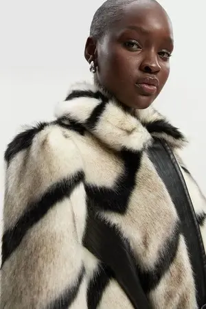 Karen Millen Stripe Faux Fur Belted Long Coat