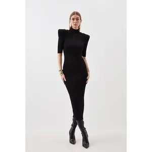 Karen Millen Rib Knit Power Shoulder Maxi Dress
