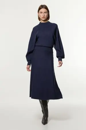 Karen Millen Wool Look Rounded Sleeve Knit Midi Dress - Navy