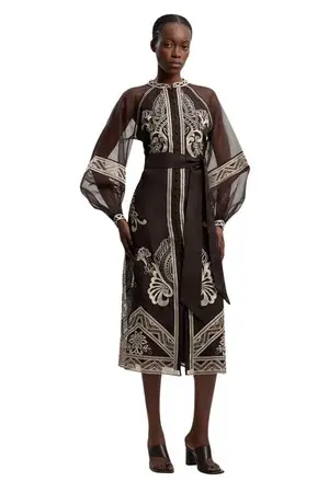 Karen Millen Embroidered Mandarin Collar Midi Dress - Chocolate