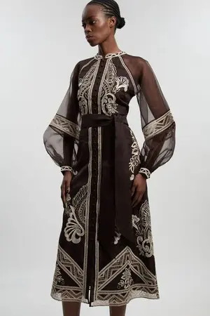 Karen Millen Embroidered Mandarin Collar Midi Dress - Chocolate