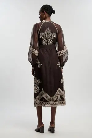 Karen Millen Embroidered Mandarin Collar Midi Dress - Chocolate