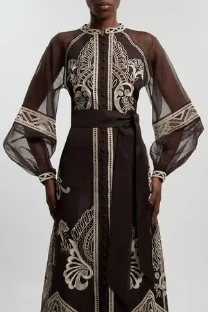 Karen Millen Embroidered Mandarin Collar Midi Dress - Chocolate