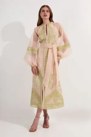 Karen Millen Embroidered Mandarin Collar Midi Dress - Lime