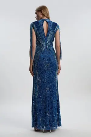 Karen Millen Embellished Tassel Sleeve Maxi Dress - Blue