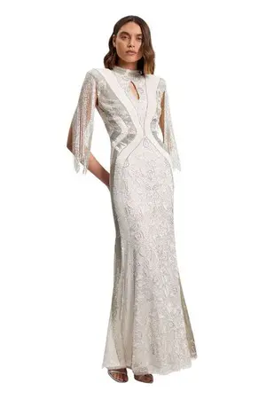 Karen Millen Embellished Tassel Sleeve Maxi Dress - Ivory