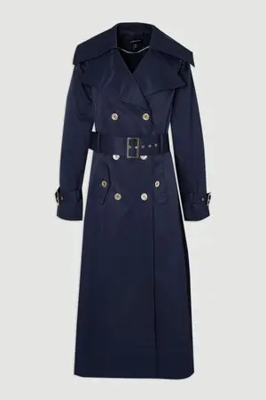 Karen Millen Cotton Sheen Belted Classic Trench Coat - Navy