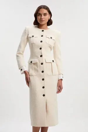 Karen Millen Tailored Pocket Front Midi Dress - Cream
