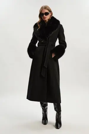 Karen Millen Wool-blend Belted Midi Coat With Detachable Faux Fur