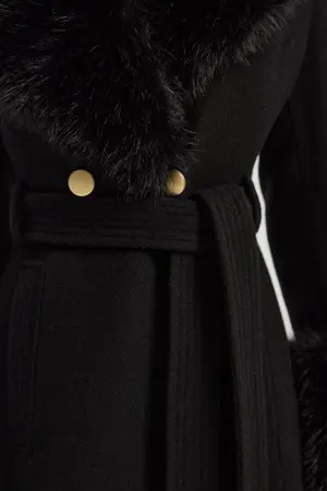 Karen Millen Wool-blend Belted Midi Coat With Detachable Faux Fur