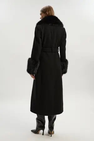 Karen Millen Wool-blend Belted Midi Coat With Detachable Faux Fur