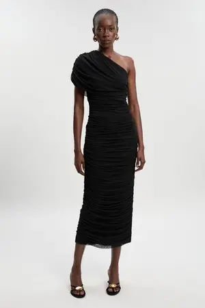 Karen Millen Mesh Asymmetric Neck Knit Maxi Dress - Black
