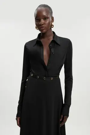 Karen Millen Petite Drapey Crepe Slim Collared Shirt - Black