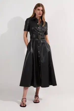 Karen Millen Faux Leather Belted Midi Shirt Dress - Black