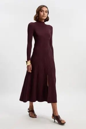 Karen Millen Wave Knit A-line High Neck Long Sleeve Dress - Burgundy
