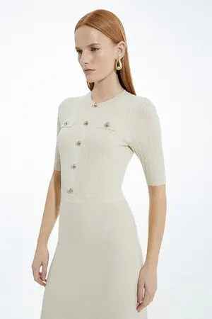Karen Millen Rib Knit Military Trim Maxi Dress - Cream