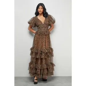 WAREHOUSE Zebra Print Tulle Ruffle Maxi Dress - Animal