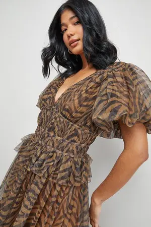 WAREHOUSE Zebra Print Tulle Ruffle Maxi Dress