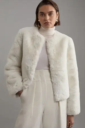 Karen Millen Collarless Faux Fur Jacket - Ivory