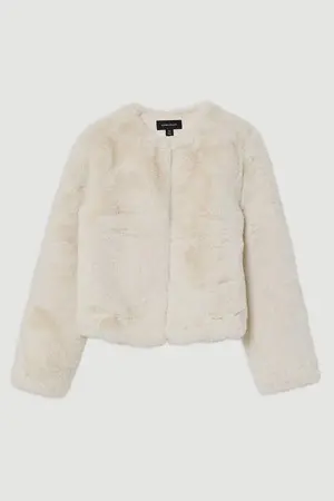 Karen Millen Faux Fur Collarless Cropped Jacket