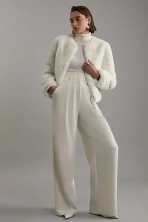 Karen Millen Faux Fur Collarless Cropped Jacket