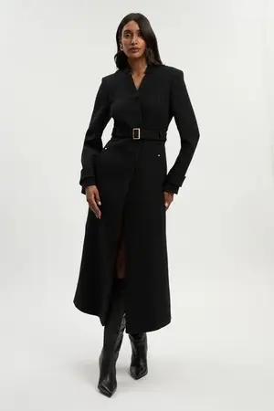 Karen Millen Wool Notch Neck Belted Maxi Coat - Black