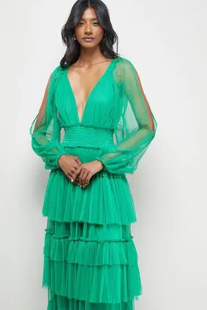 WAREHOUSE Cinched Waist Tulle Maxi Dress