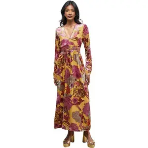 WAREHOUSE Burnout Velvet Plunge Neck Midi Dress - Ochre