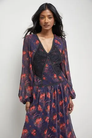 WAREHOUSE Floral Print Plunge Neck Maxi Dress With Lace Detail