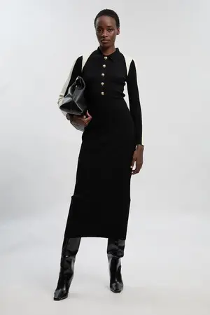 Karen Millen Rib Knit Long Sleeve Military Midi Dress - Black