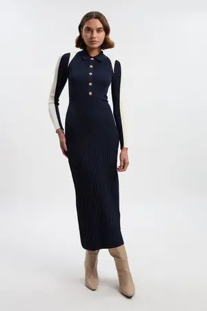 Karen Millen Rib Knit Long Sleeve Military Midi Dress - Mono