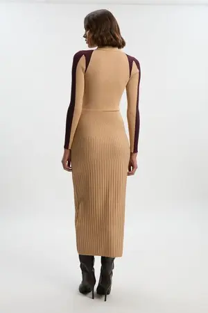 Karen Millen Rib Knit Long Sleeve Military Midi Dress - Natural