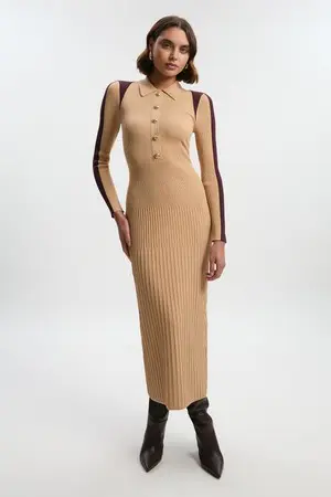 Karen Millen Rib Knit Long Sleeve Military Midi Dress - Natural