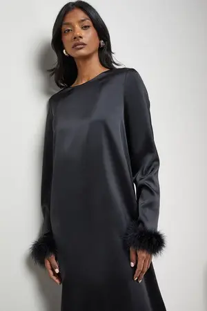 WAREHOUSE Feather-trimmed High Neck Midi Dress