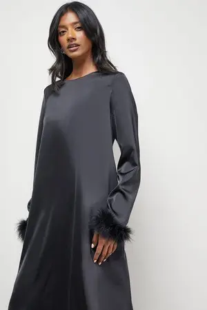 WAREHOUSE Feather-trimmed High Neck Midi Dress