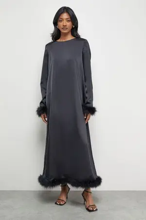 WAREHOUSE Feather-trimmed High Neck Midi Dress - Black