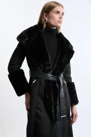 Karen Millen Faux Shearling Belted Midi Coat