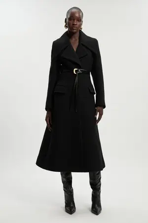 Karen Millen Wool Shawl Collar Belted Midi Coat - Black