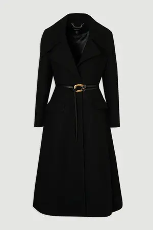 Karen Millen Wool Shawl Collar Belted Midi Coat - Black
