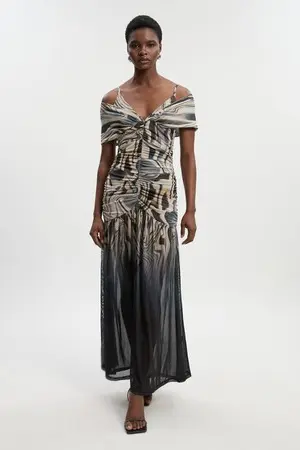 Karen Millen Petite Marble Print Mesh Maxi Dress - Mono