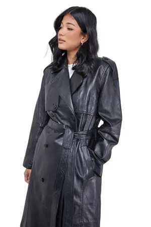 WAREHOUSE Real Leather Belted Trench Coat - Black
