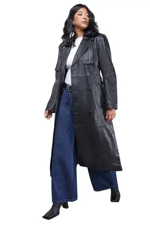 WAREHOUSE Real Leather Belted Trench Coat - Black