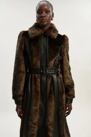 Karen Millen Petite Faux Fur Paneled Belted Midi Coat