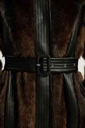 Karen Millen Petite Faux Fur Paneled Belted Midi Coat