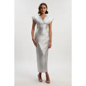 Karen Millen Deep V-neck Angel Sleeve Metallic Maxi Dress - Silver
