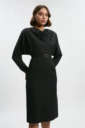 Karen Millen Pinstripe Cowl Neck Midi Dress