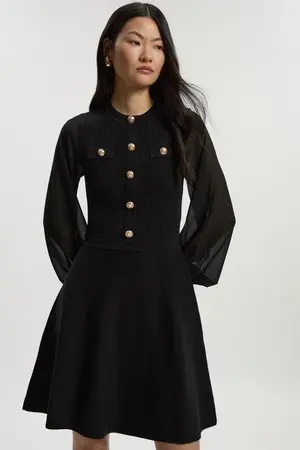 Karen Millen Chiffon Sleeve Military Mini Knit Dress - Black