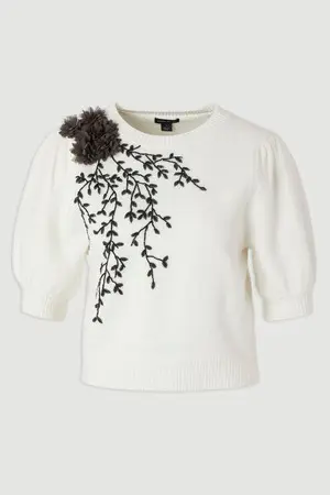 Karen Millen Flower And Beaded Puff Sleeve Knit Tee