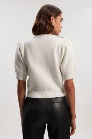 Karen Millen Flower And Beaded Puff Sleeve Knit Tee