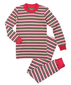 SARA’S PRINTS Organic Cotton Long John Pj 2-piece Set - Green Red Stripe